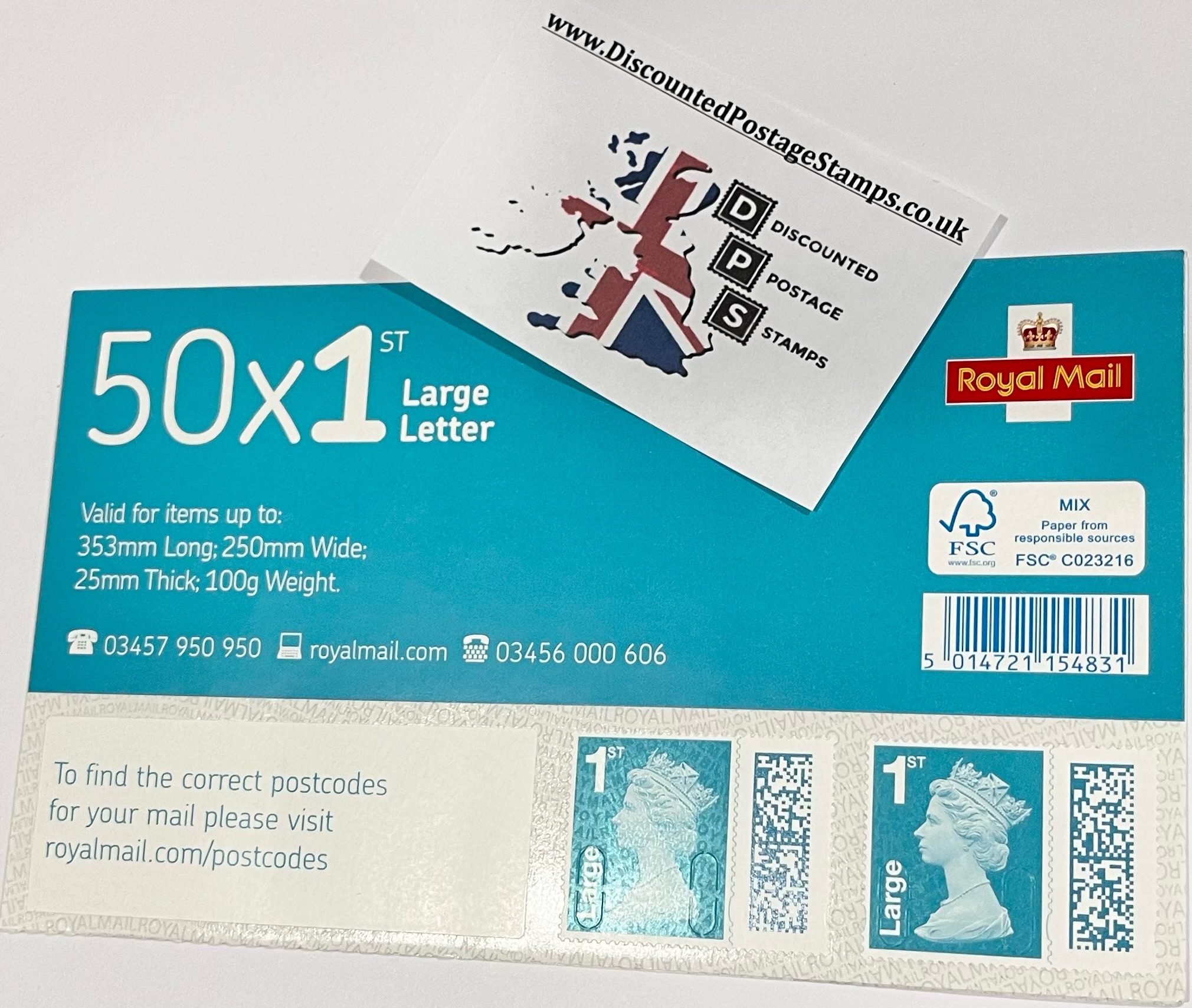 50 X 1st Class Turquoise Large Letter 100g Self Adhesive Stamps QR 